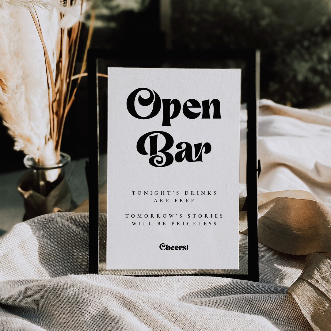 Open Bar Wedding Sign, Open Bar Sign Editable Template, Simple Retro ...