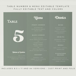 Sage Green Trifold Menu Template, Printable Menu With Table Number ...