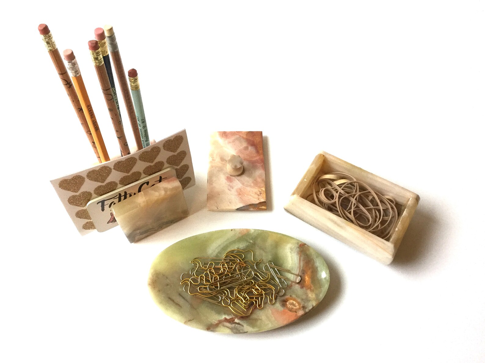 Pink Onyx Stone Desk Set: Box Dish and Pencil Caddy / Stone - Etsy