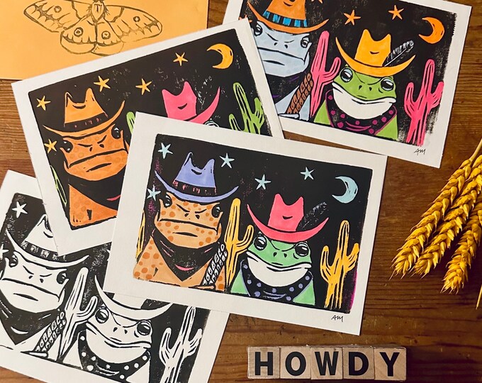 Surprise ORIGINAL Cowboy Frogs Print 4x6 PHYSICAL Print Funny Colorful ...