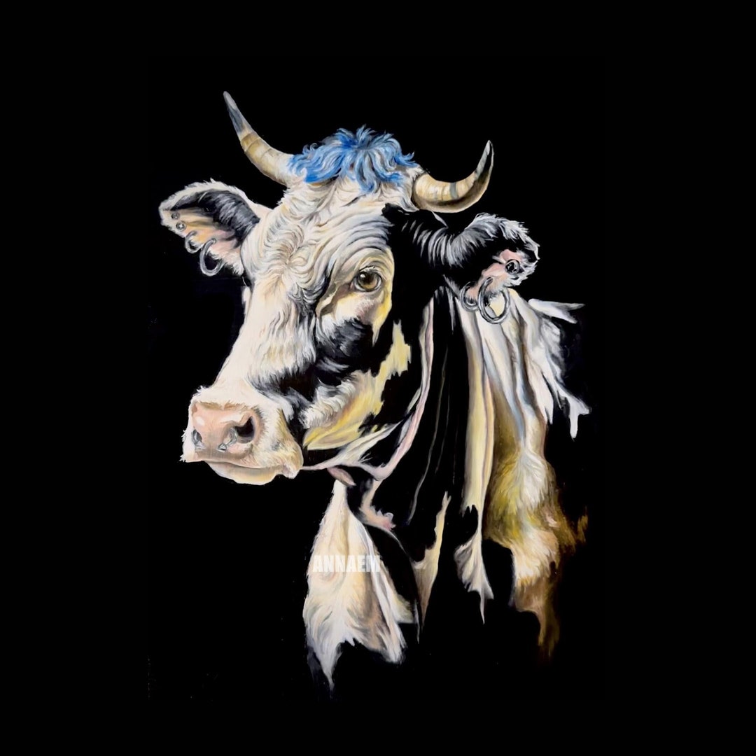 Joli portrait de bovin peint à l'huile, vache gothique « Mooody » 6 x ...