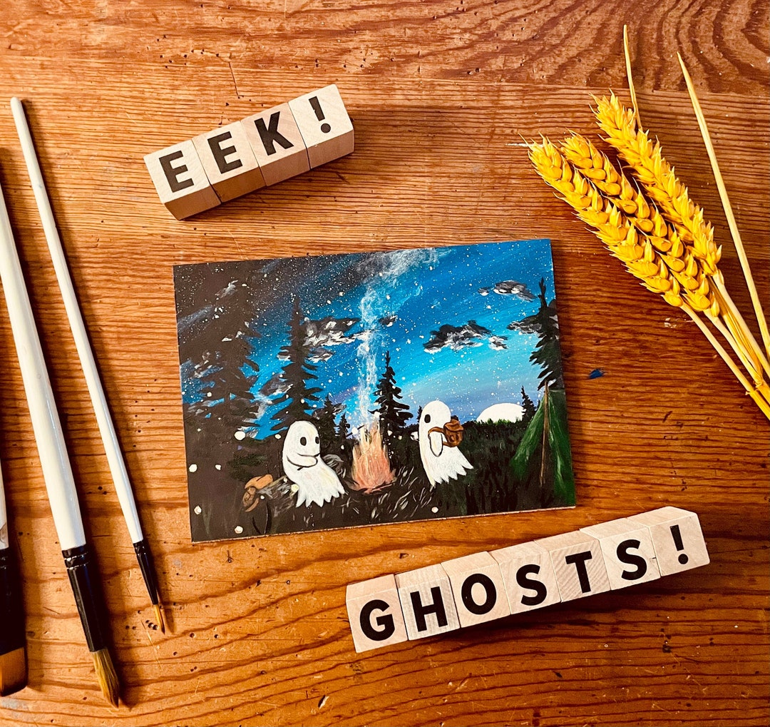 Cute Ghost Bonfire Print (4"x6")- Frame Optional Friends Camping in the ...