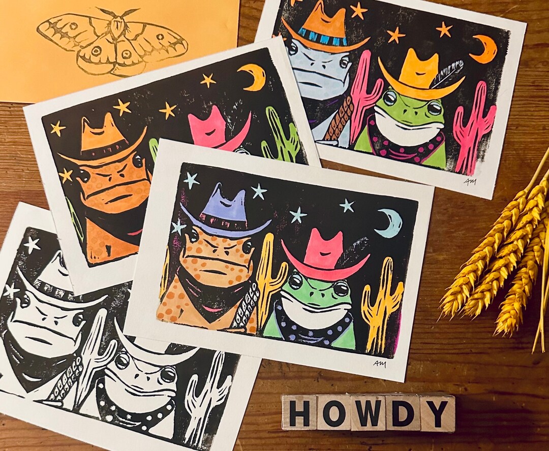 Surprise ORIGINAL Cowboy Frogs Print 4x6 PHYSICAL Print Funny Colorful ...