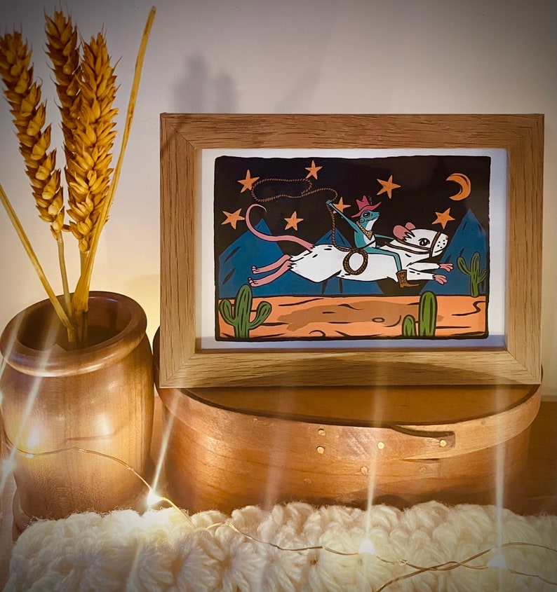 Framed Cowboy Frog Riding Mouse Print Ready to Hang - Etsy