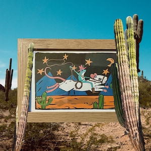 Framed Cowboy Frog Riding Mouse Print - Ready to Hang 4"x6" Wall Print ...