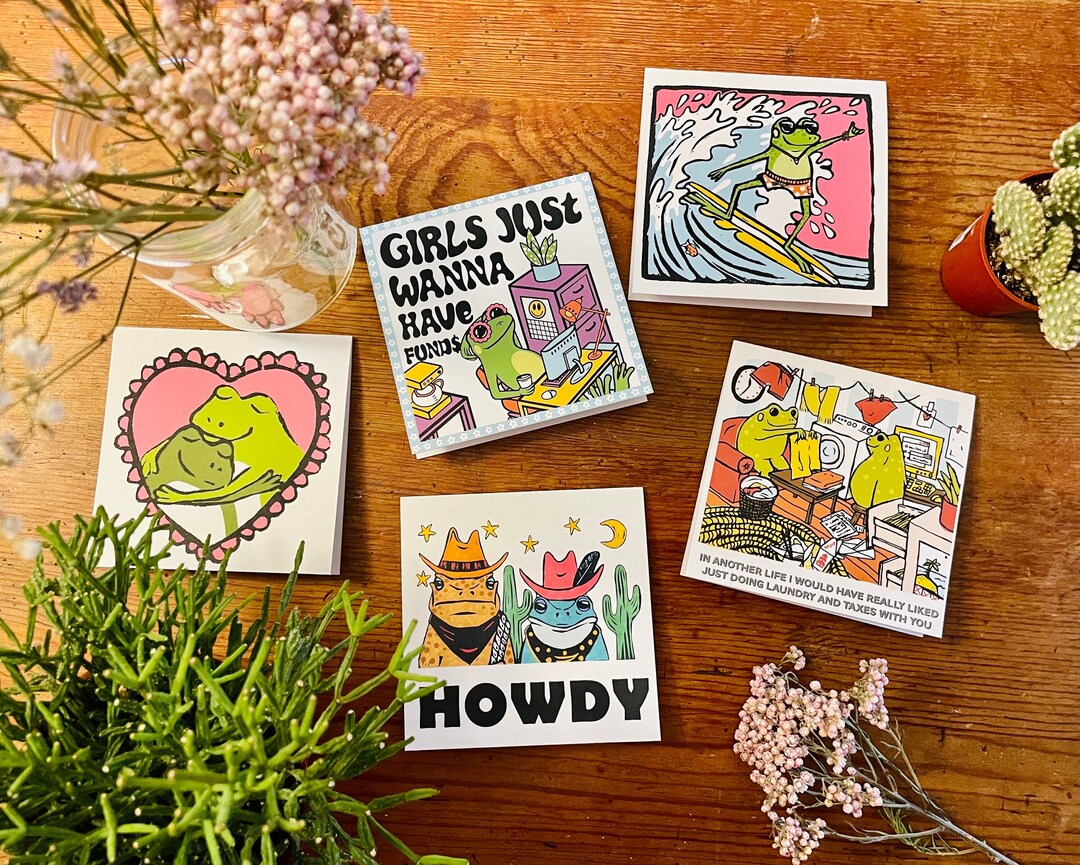 PICK 3! Frog Cards/mini Prints - Cute Matte 4x4" Folded Greeting Cards ...