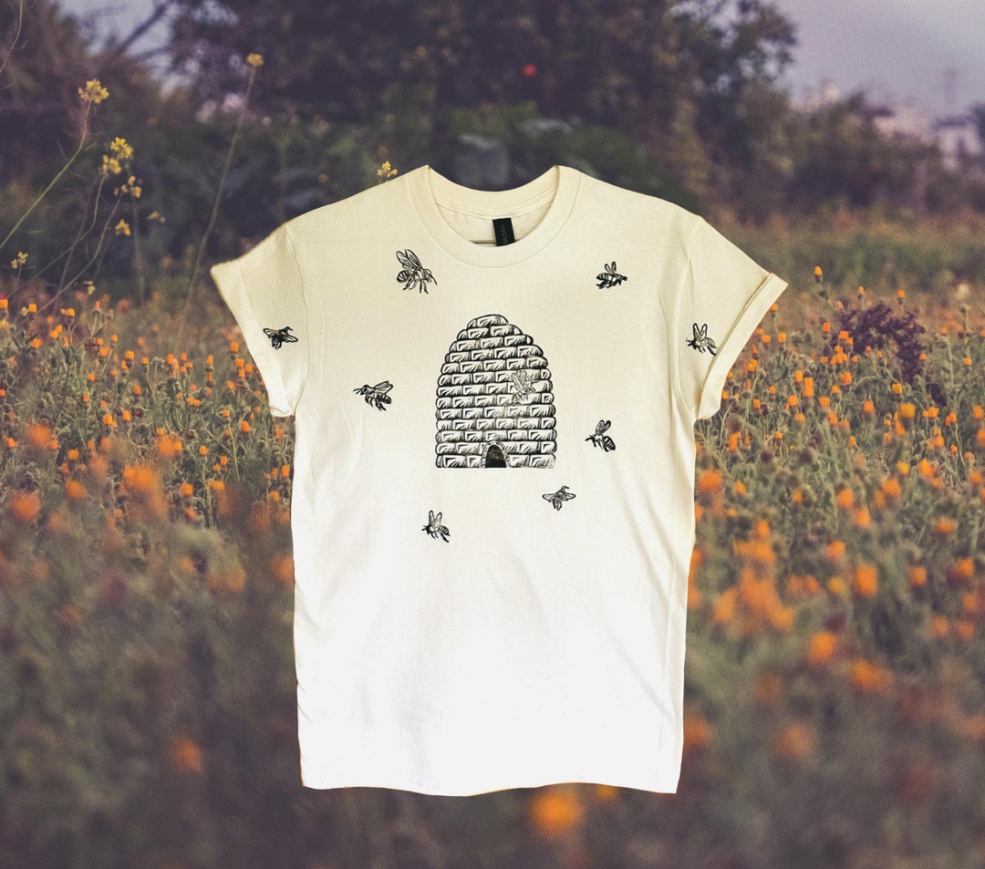 Hand-printed Beehive Tshirt: Cute Bees in Apiary Lino Print Short ...