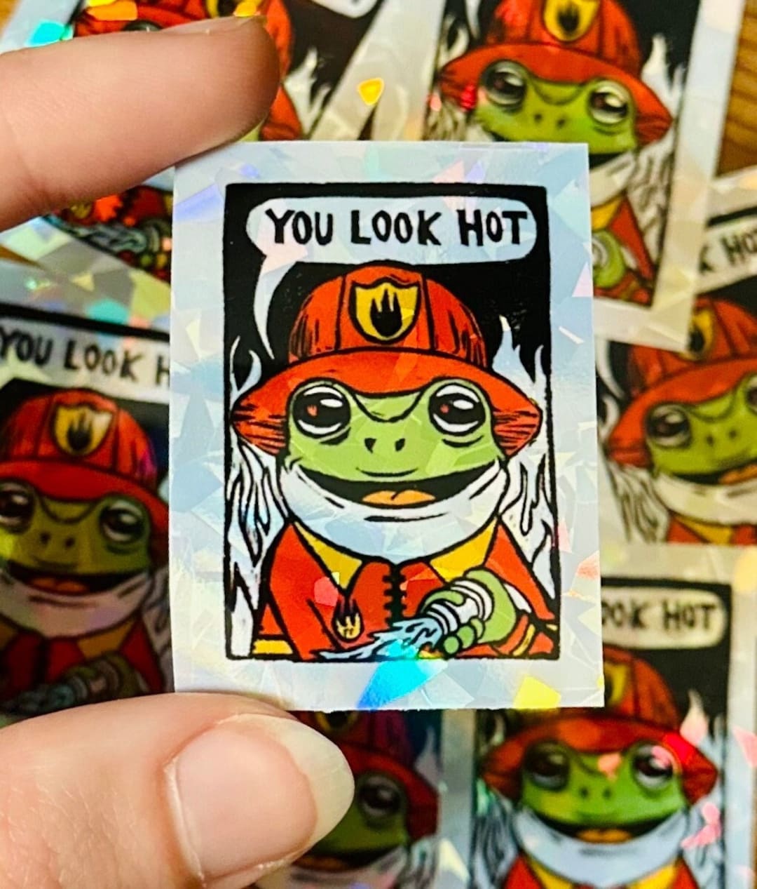 You Look Hot Firefighter Frog Sticker - Holographic 2" Vinyl Laptop ...