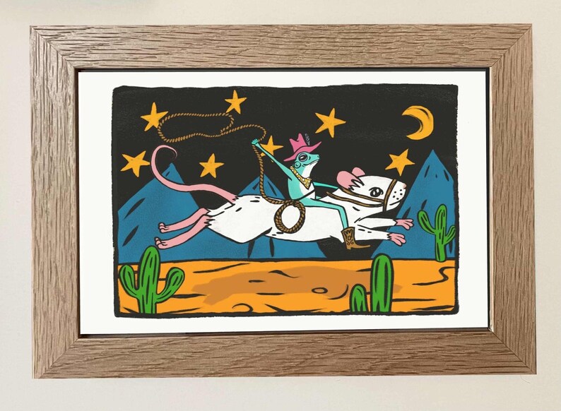 Framed Cowboy Frog Riding Mouse Print Ready to Hang - Etsy