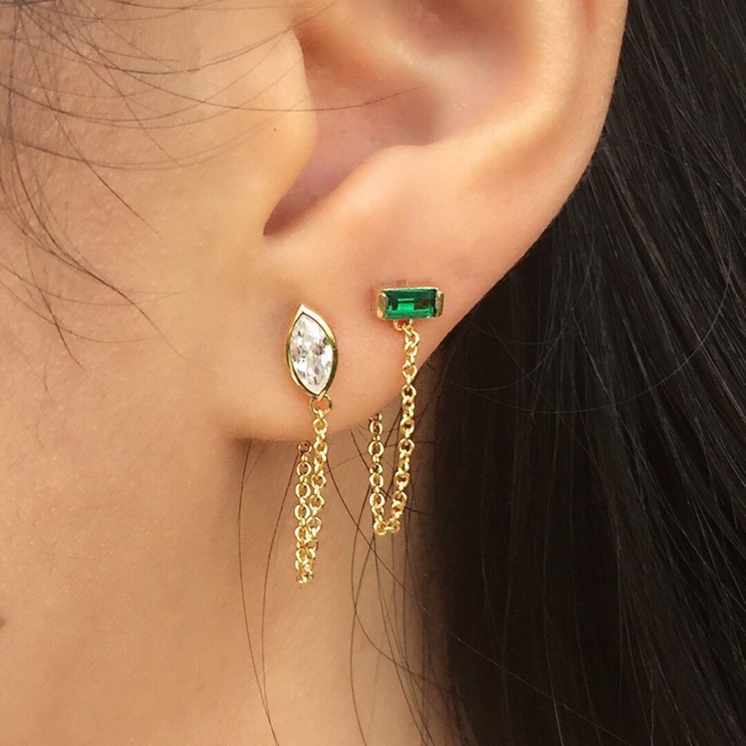 Chain Earrings - Chain Stud Earrings - Emerald Earrings - Dangle ...