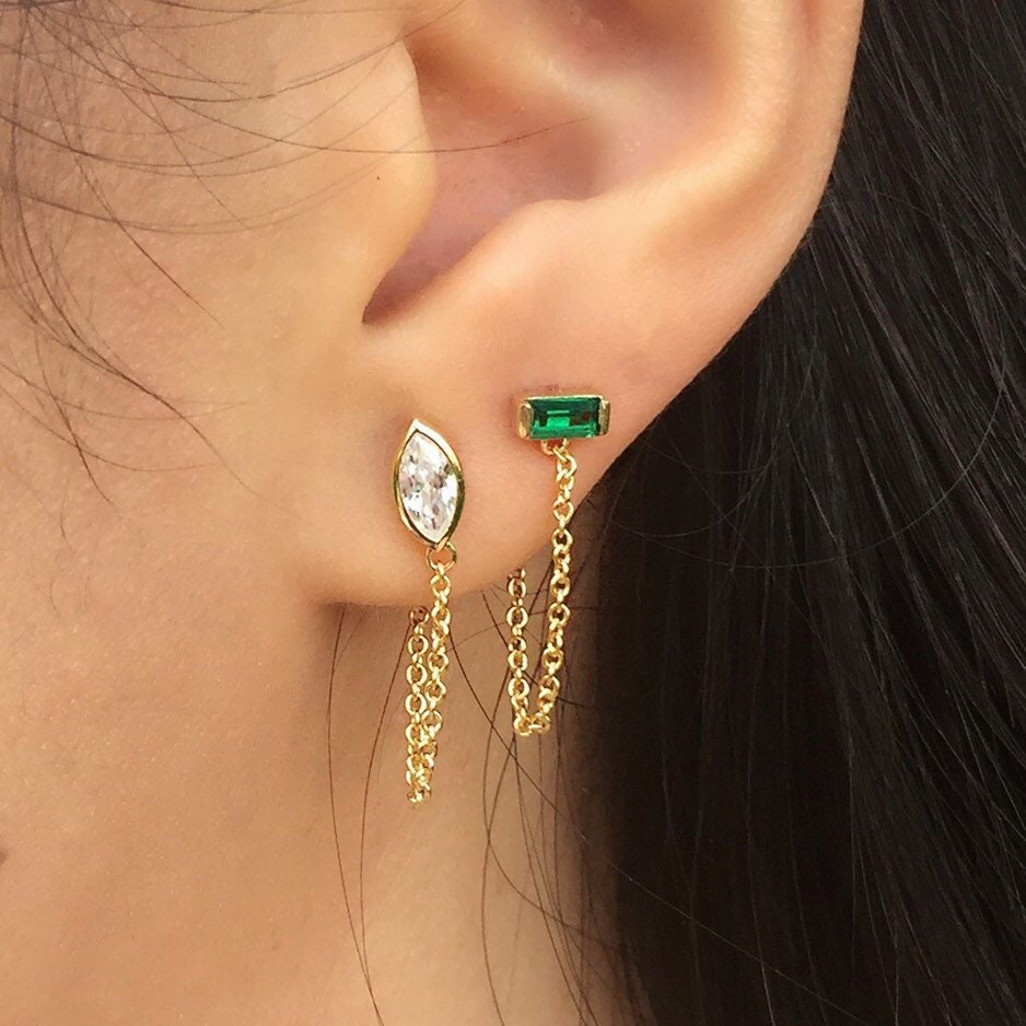 Chain Earrings Chain Stud Earrings Emerald Earrings | Etsy India