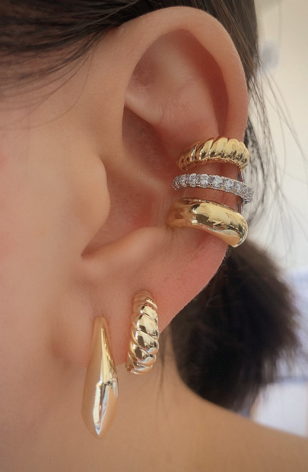 Gold Ear Cuff - Triple Ear Cuff - Croissant Ear Cuff - Chunky Ear Cuff ...