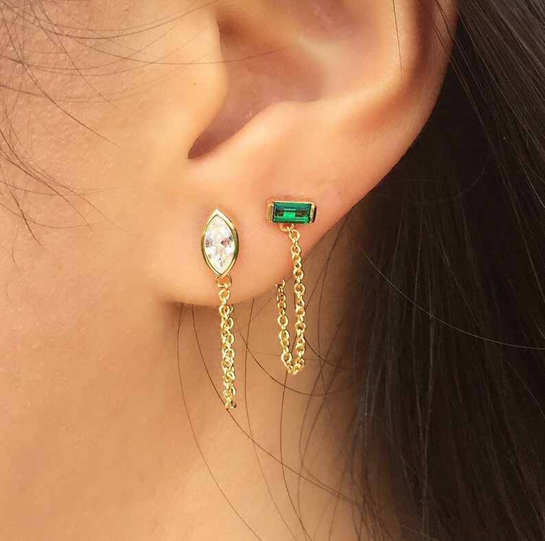 Chain Earrings Chain Stud Earrings Emerald Earrings | Etsy India