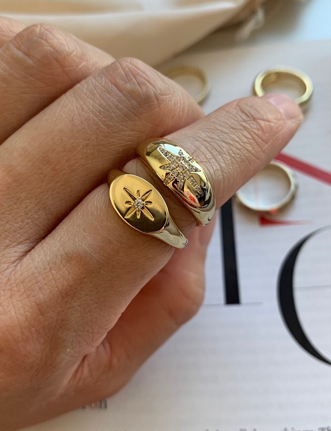 Star Signet Ring - Starburst Ring - Gold Stacking Ring - North Star ...