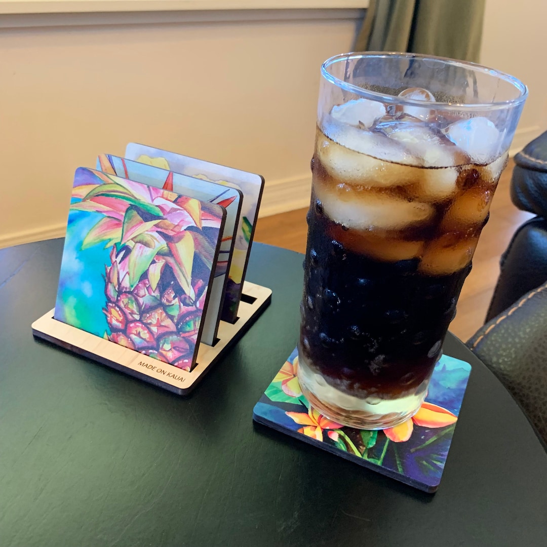 Retro Hawaii Coasters, Drink Coasters, Coasters With Holder, Wood ...
