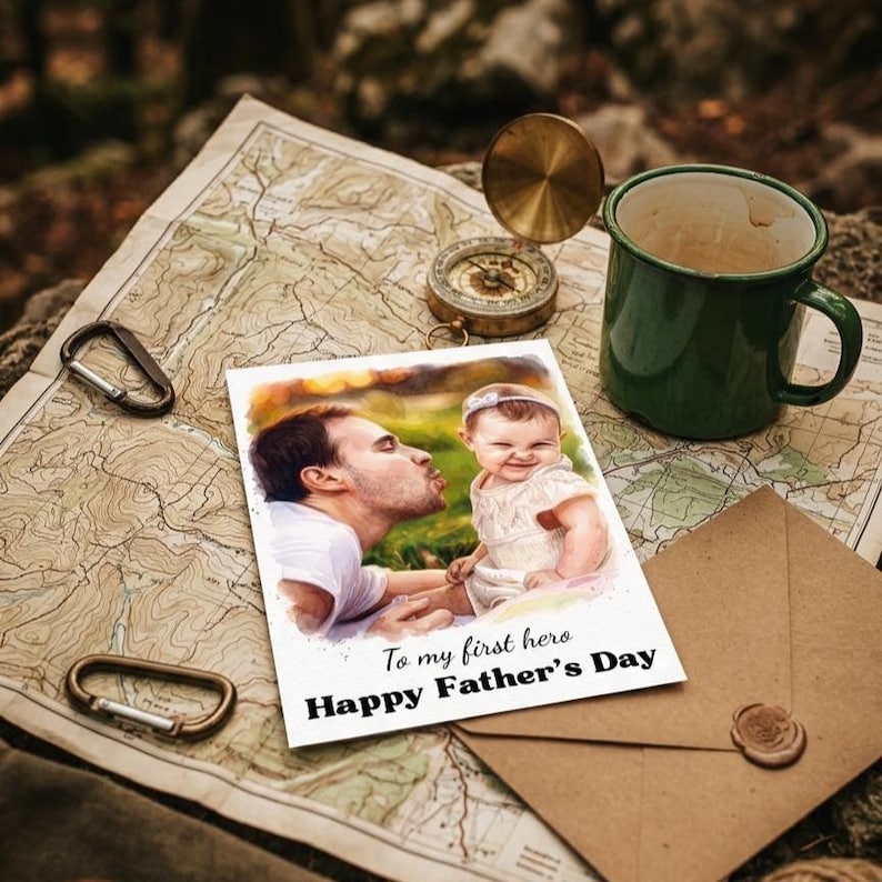 Custom Watercolor Father's Day Card, Personalized Photo Portrait Card ...