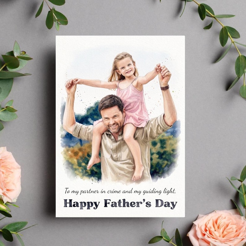 Custom Watercolor Father's Day Card, Personalized Photo Portrait Card ...
