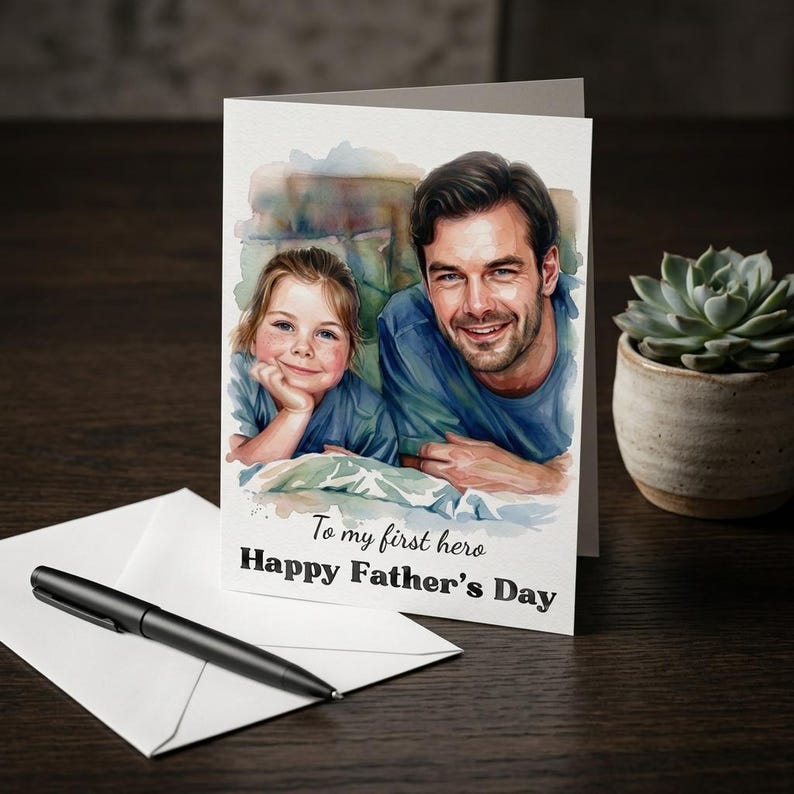 Custom Watercolor Father's Day Card, Personalized Photo Portrait Card ...