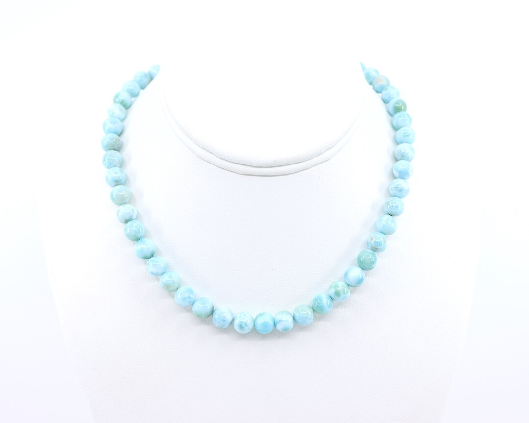 Larimar Round Bead Necklace, 8mm Large Blue Layering Choker, Gold Fill ...