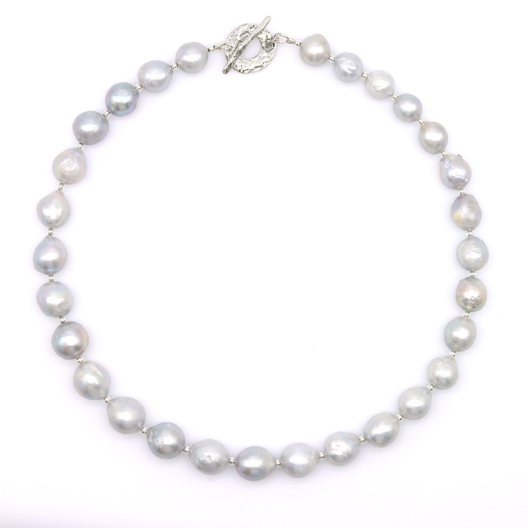 Gray Baroque Edison Pearl Necklace, Sterling Silver Toggle Clasp Boho ...