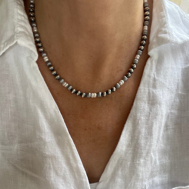 Freshwater Pearl and Navajo Pearls Necklace, 6mm Silver Oxidized Navajo ...
