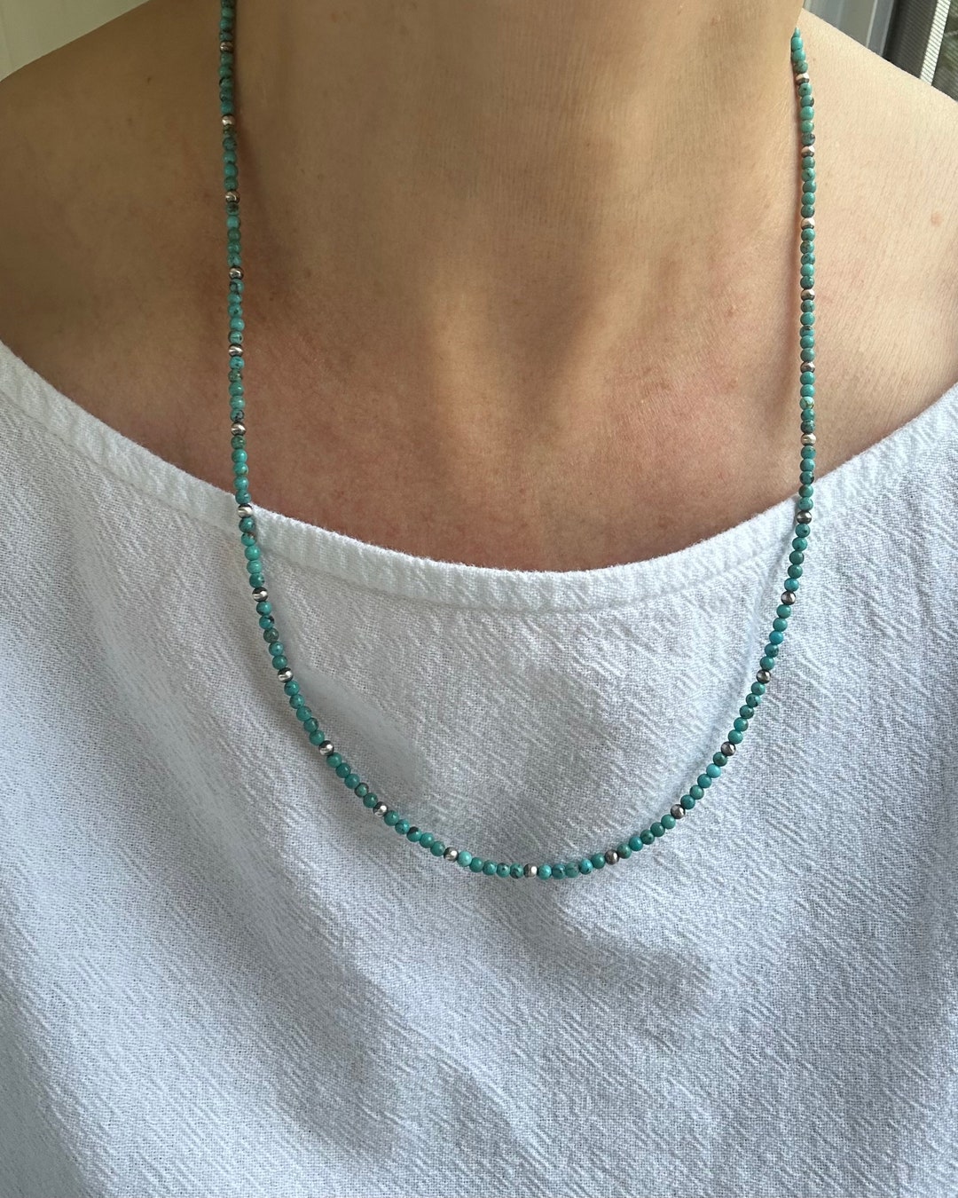 Tiny 3mm Blue Green Kingman Turquoise Necklace & Navajo Pearls, 3mm ...