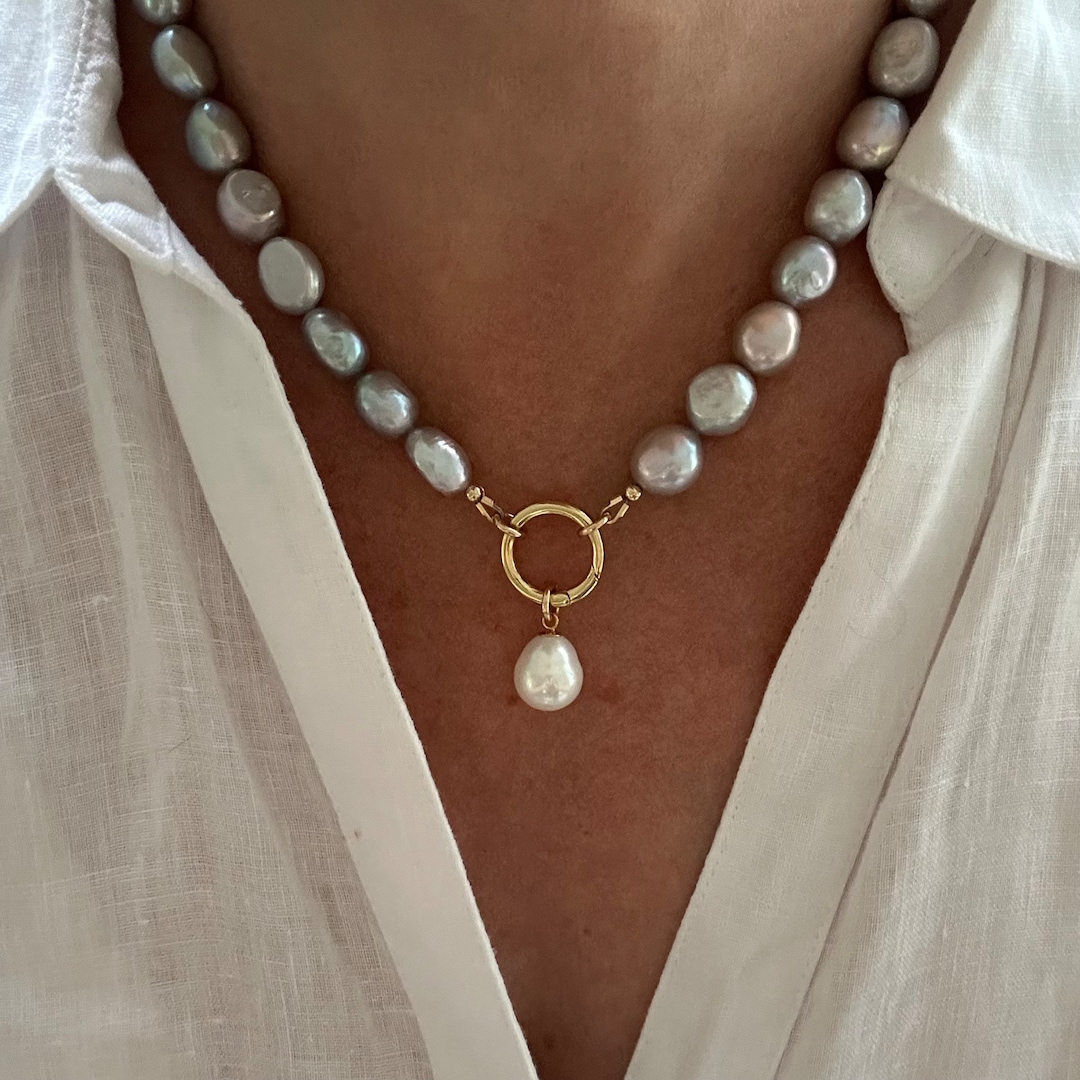 Grey Freshwater Pearl Necklace With White Teardrop Drop Pearl Pendant ...