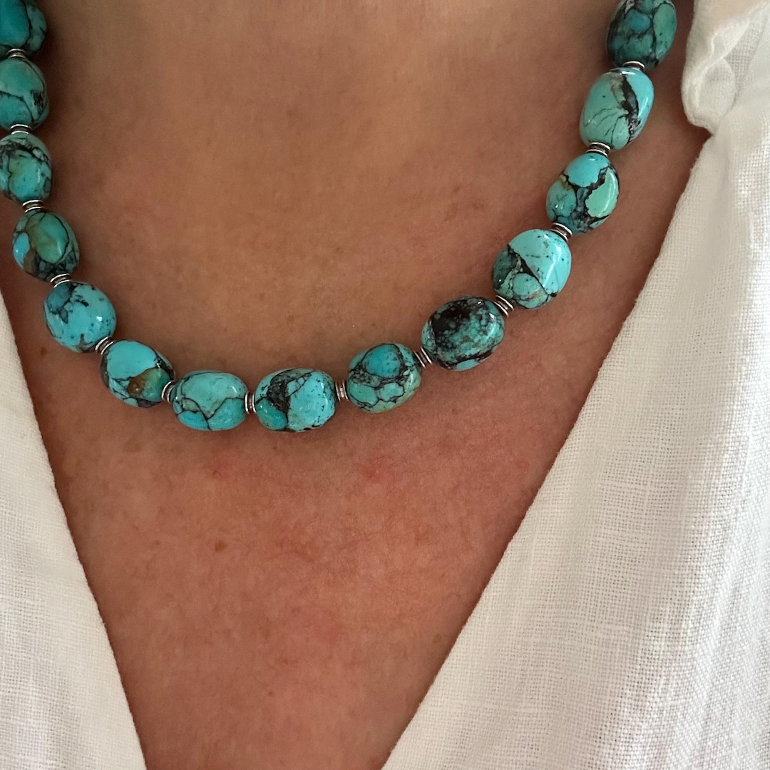 Chunky Big Blue Kingman Turquoise Nugget Beads & Sterling Silver ...
