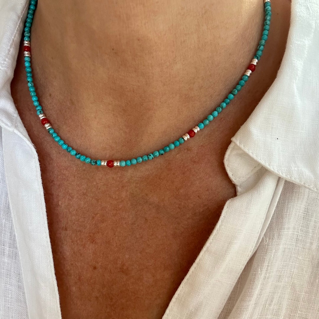 Blue Kingman Arizona Turquoise & Red Coral Necklace, 3mm Small Tiny ...