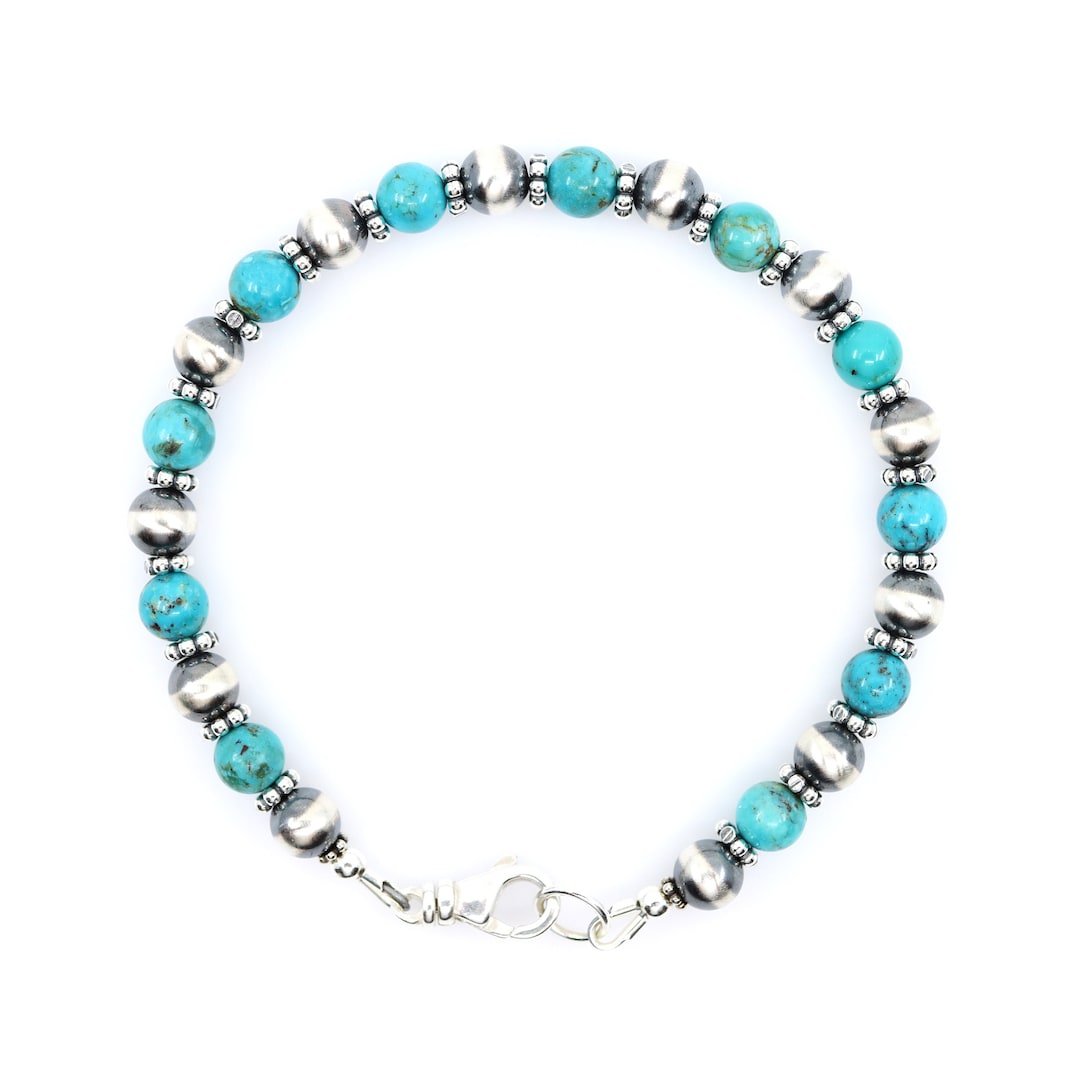 Navajo Pearls Turquoise Bracelet, 6mm Round Blue Kingman Turquoise ...