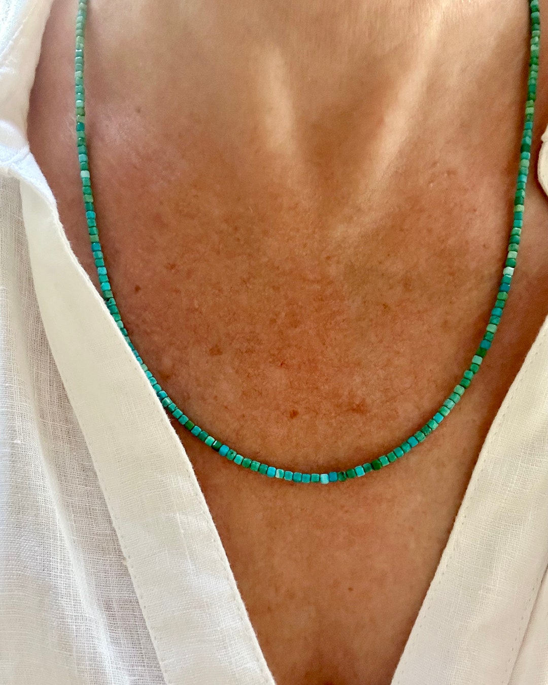 Tiny 2mm Turquoise Square Bead Necklace | Dainty Thin Strand Choker ...
