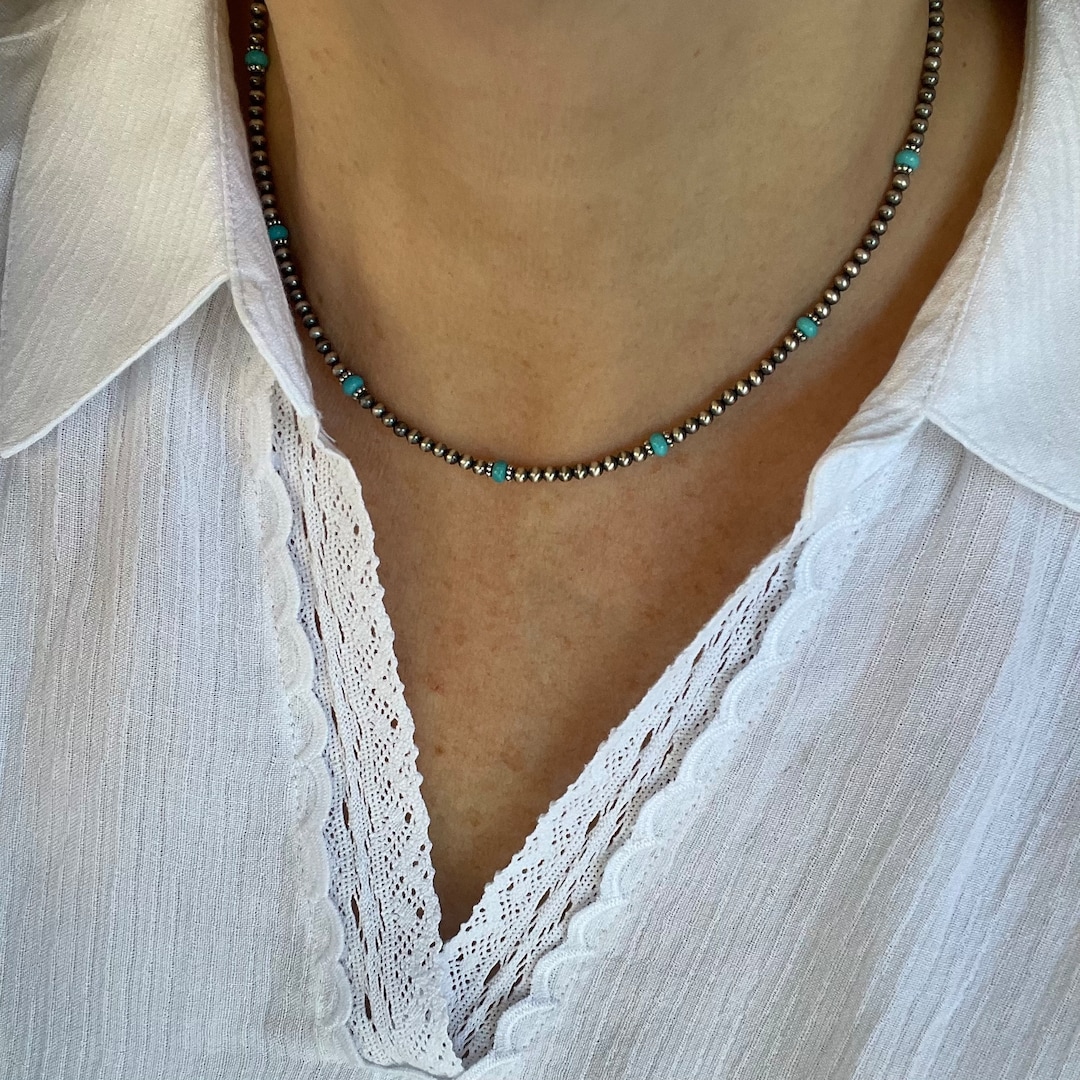 Tiny Beaded Kingman Turquoise Necklace, 4mm Small Dainty Delicate ...