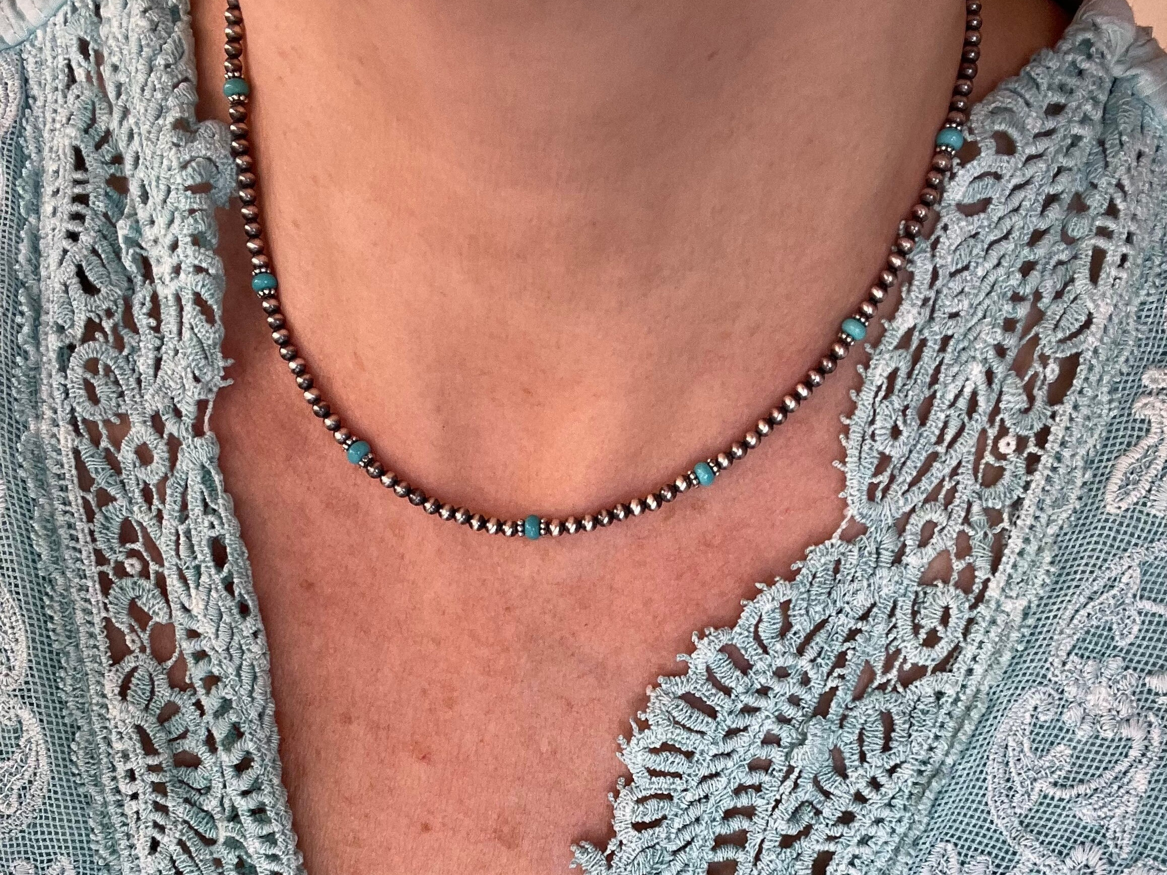 Tiny Beaded Kingman Turquoise Necklace, 4mm Small Dainty Delicate ...