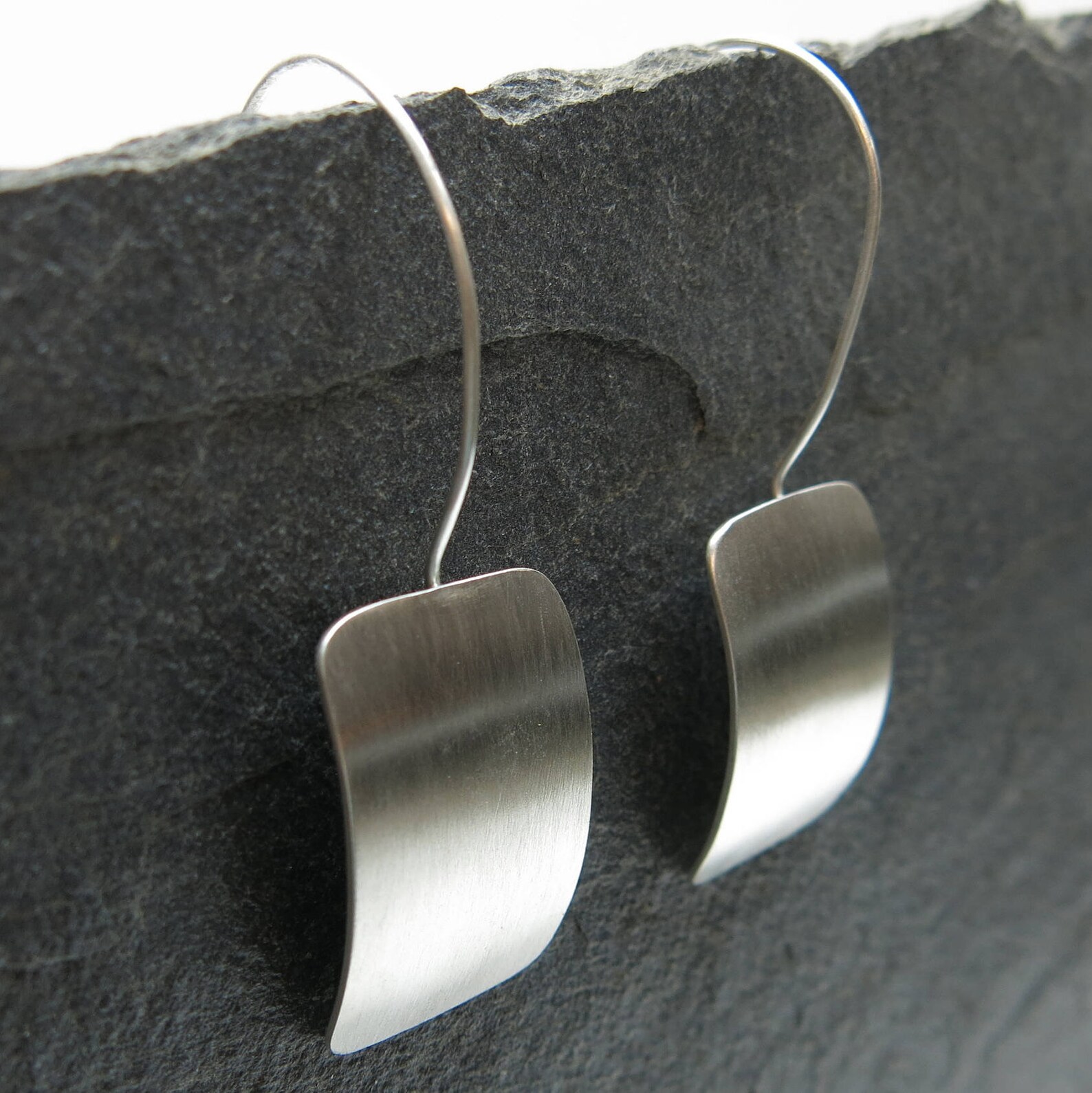 Rectangular Silver Dangle Hoop Earrings With Large French Ear - Etsy