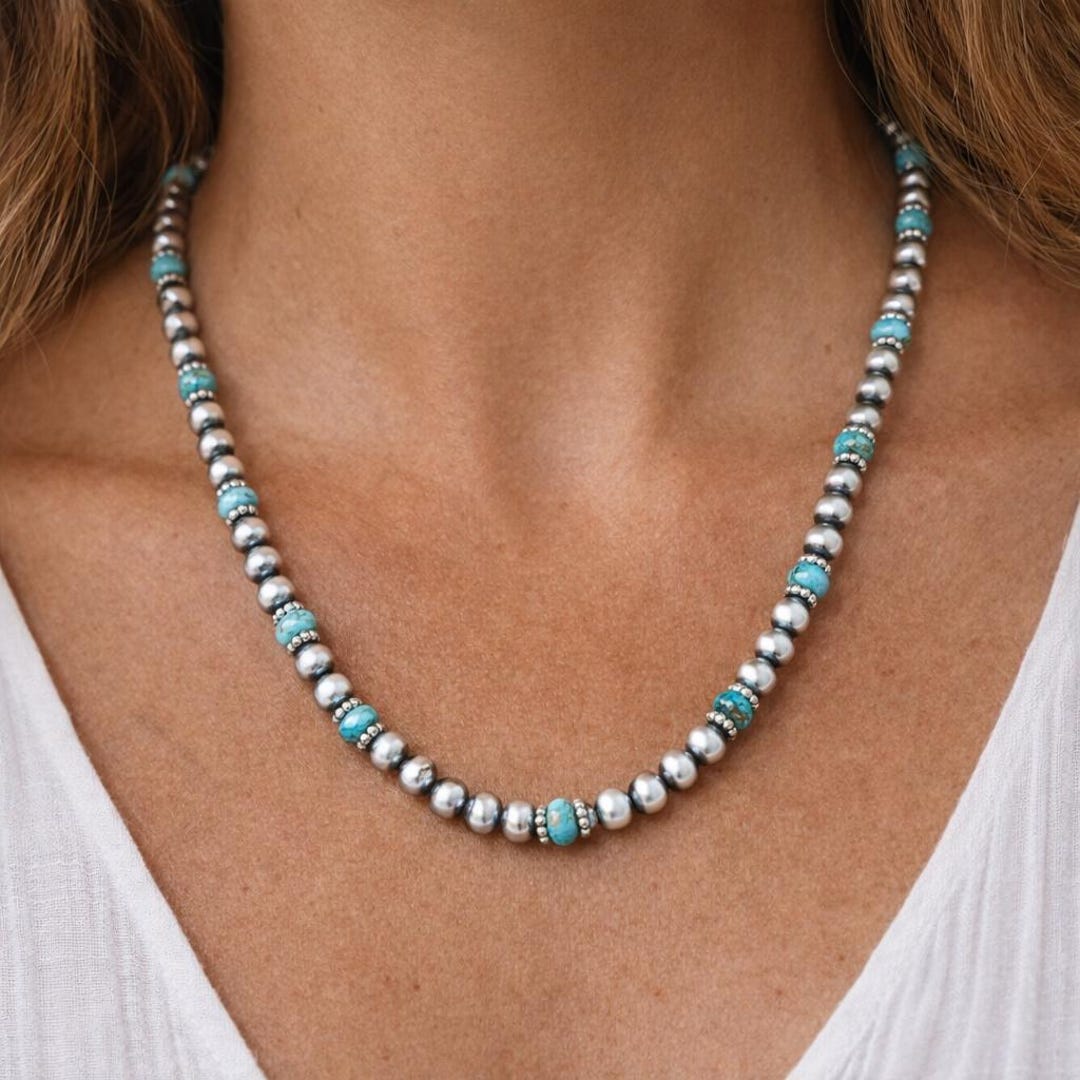 6mm Navajo Pearls & Blue Kingman Turquoise Rondelle Necklace | Handmade ...
