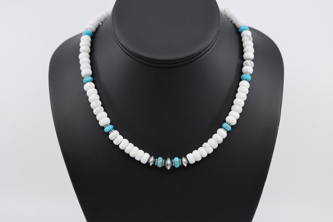Men's 8mm White Buffalo Howlite & Blue Kingman Turquoise Necklace ...