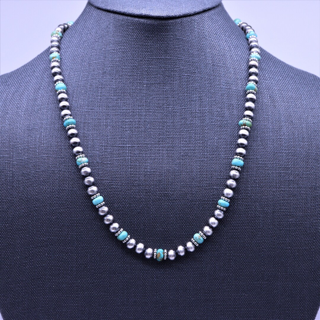 6mm Navajo Pearls & Blue Kingman Turquoise Rondelle Beaded Necklace ...