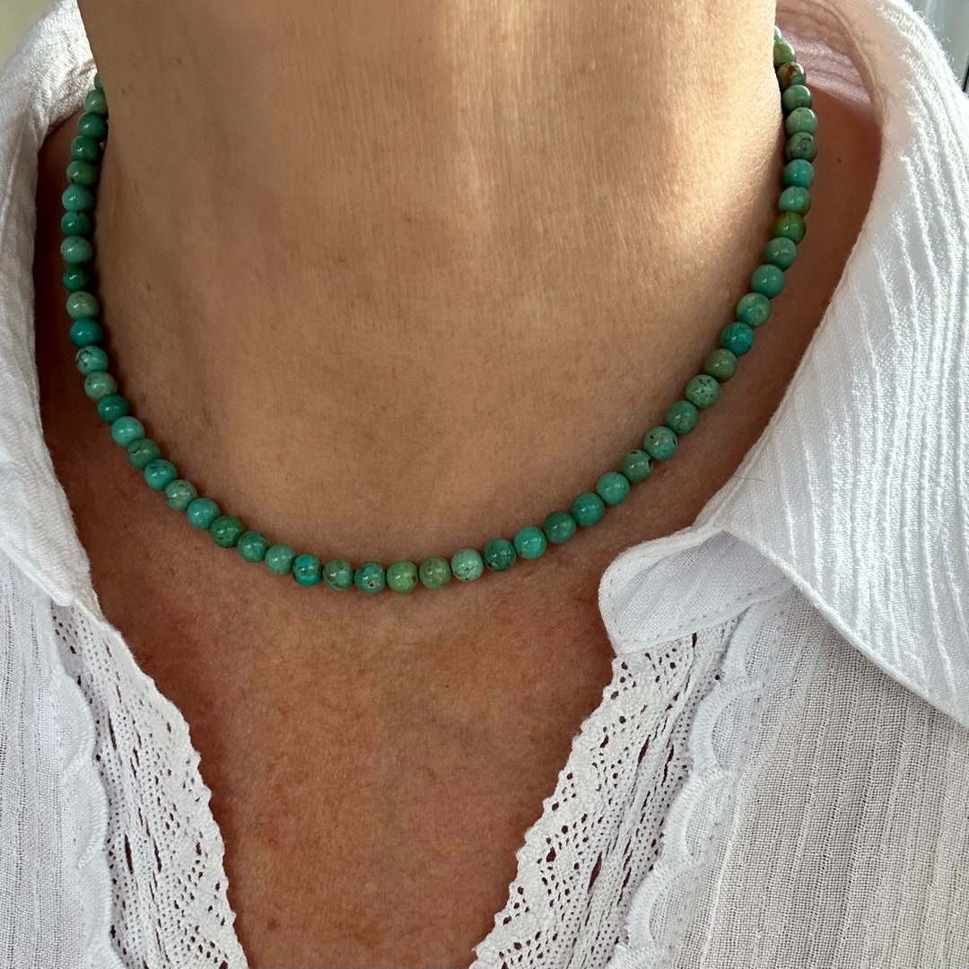 5mm Round Green Blue Arizona Turquoise Beaded Gemstone Necklace ...