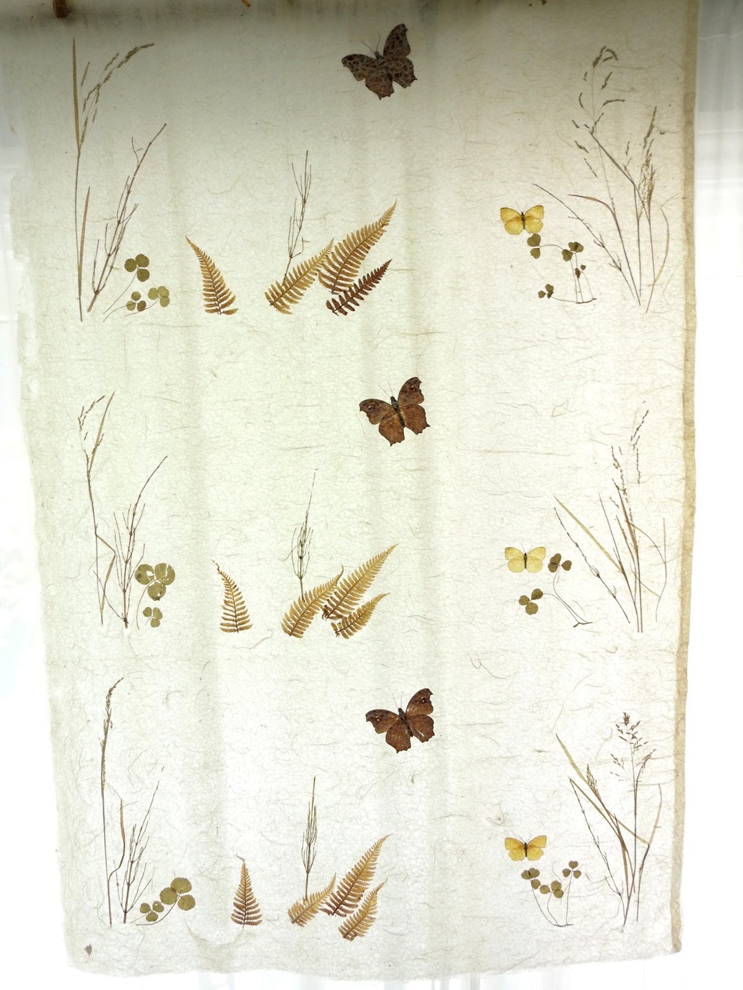 Vintage Hand Made Washi Paper Panel With Real Plants and Butterflies ...