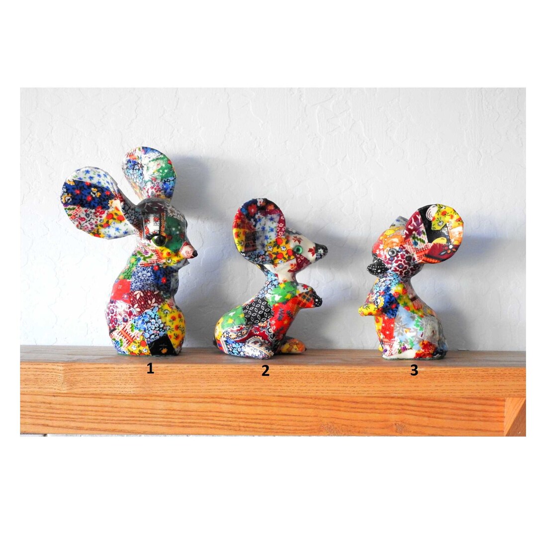 Vintage Bright Porcelain Patchwork Fabric Decoupage Mouse Figurine Mice ...