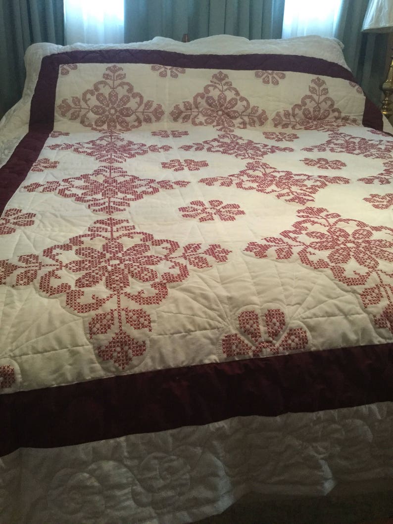 Hand Embroidered Quilt. Burgundy and White. - Etsy