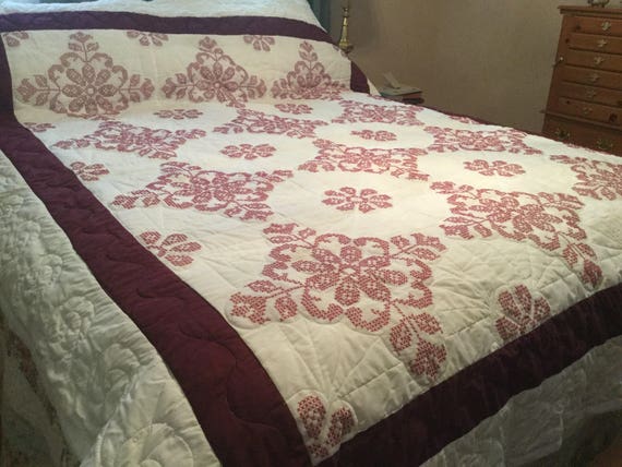 Hand Embroidered Quilt. Burgundy and White. | Etsy