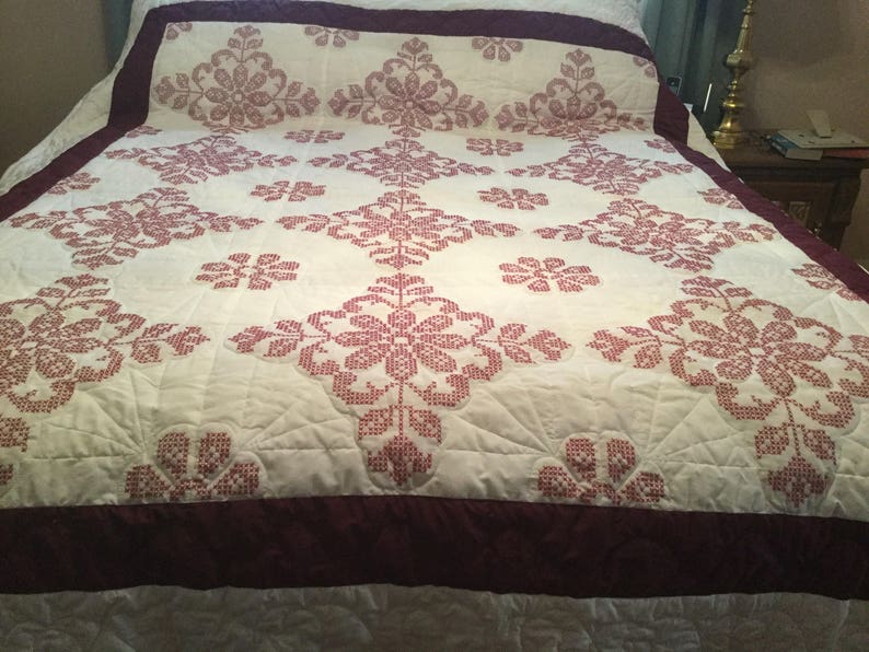 Hand Embroidered Quilt. Burgundy and White. - Etsy