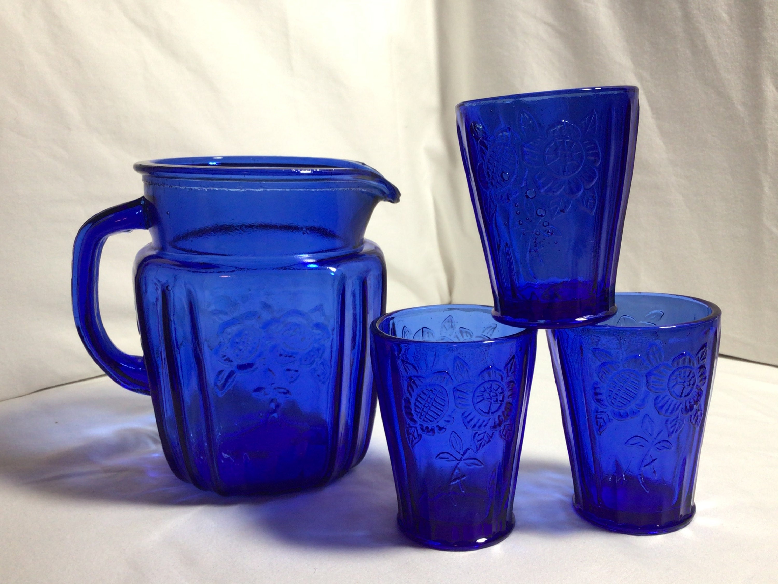 Vintage Cobalt Blue Juice Pitcher and Glasses - Etsy