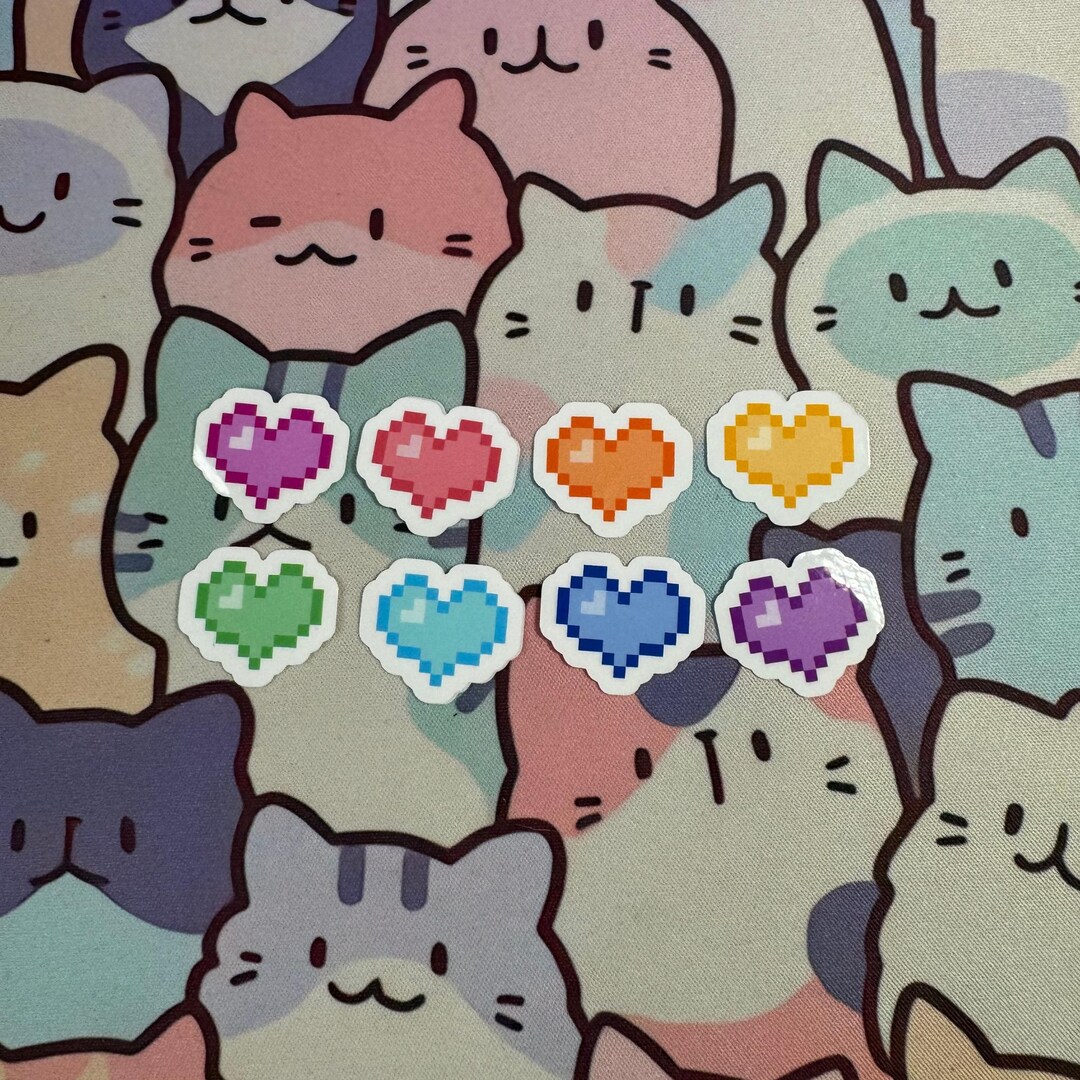 Mini Pixel Heart Sticker Pack, 8 Rainbow Pixel Hearts, Cute Retro ...