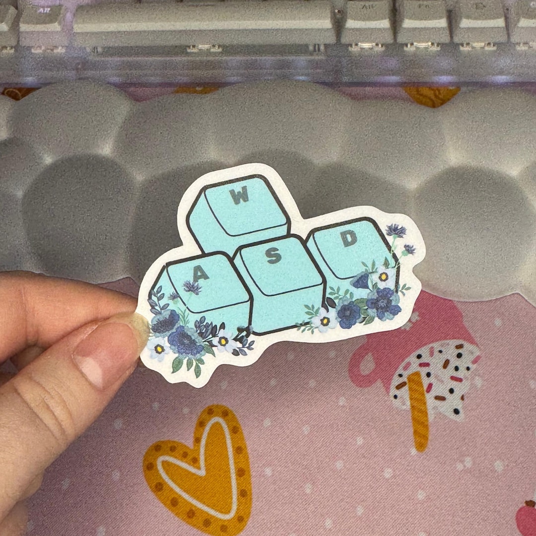 Blue WASD Keycap Sticker With Flowers, Cute Gaming Keyboard Sticker ...