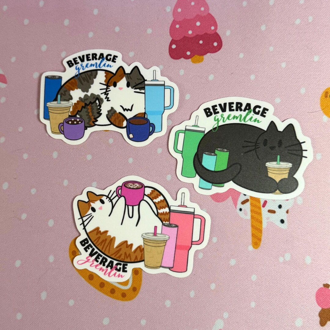 Beverage Gremlin Sticker Pack – 3 Cute Cat Stickers With Stanley Cups ...