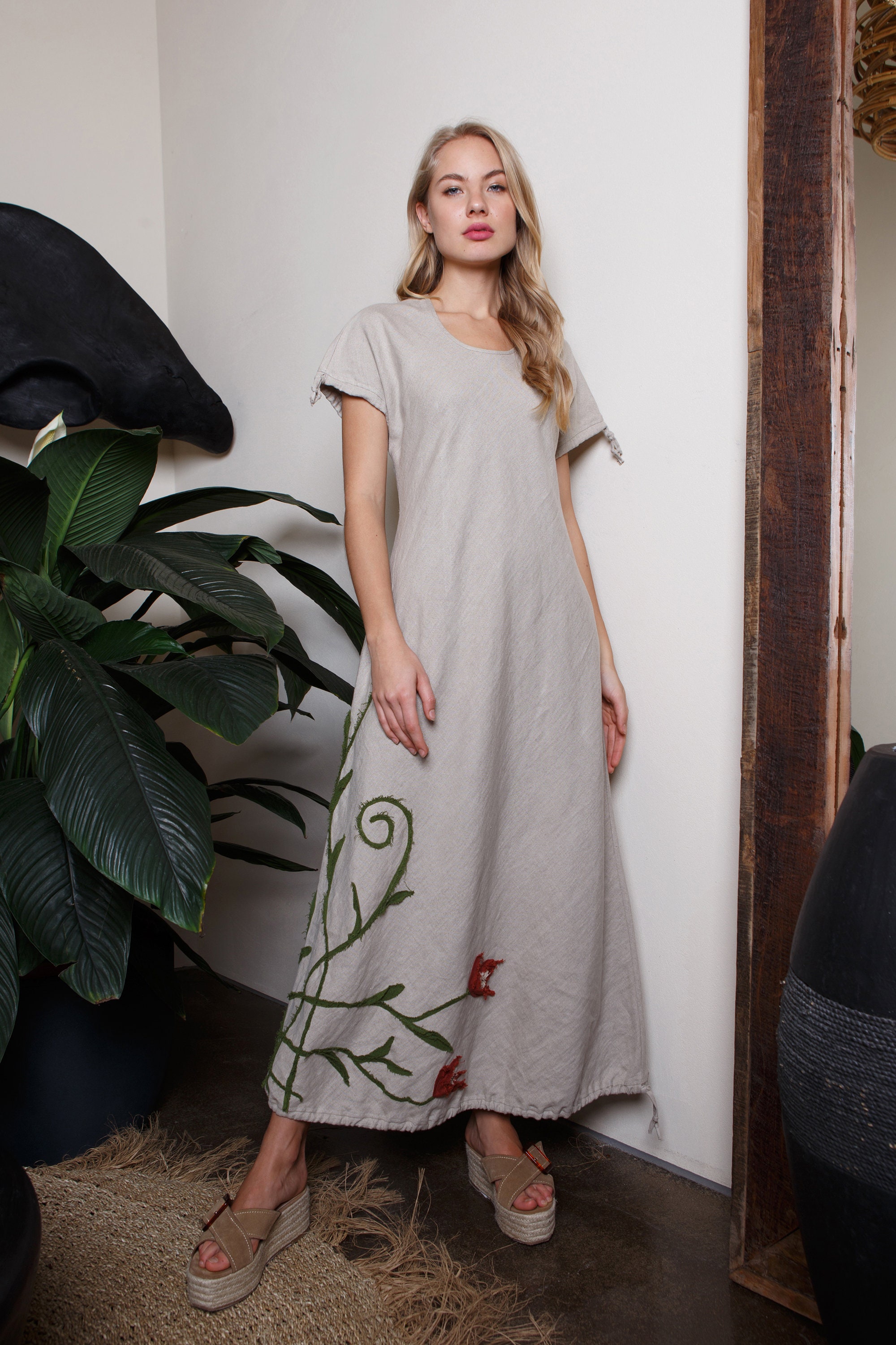 Long Beige Linen Dress / Embroidered Dress / Floral Linen Dress - Etsy