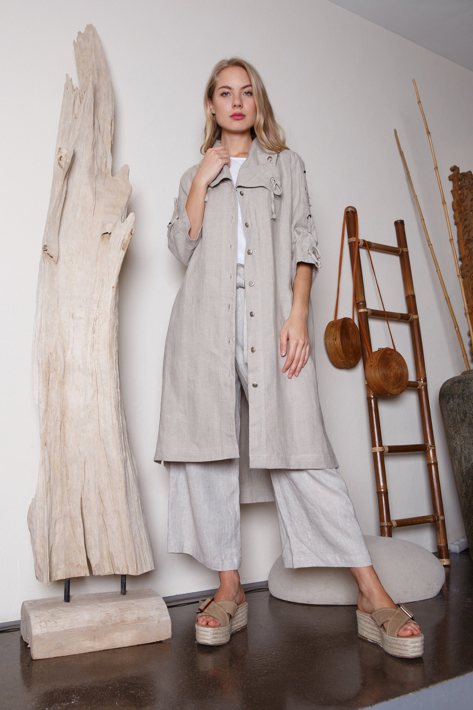 Natural Linen Coat With Strap / Long Oversize Linen Coat - Etsy