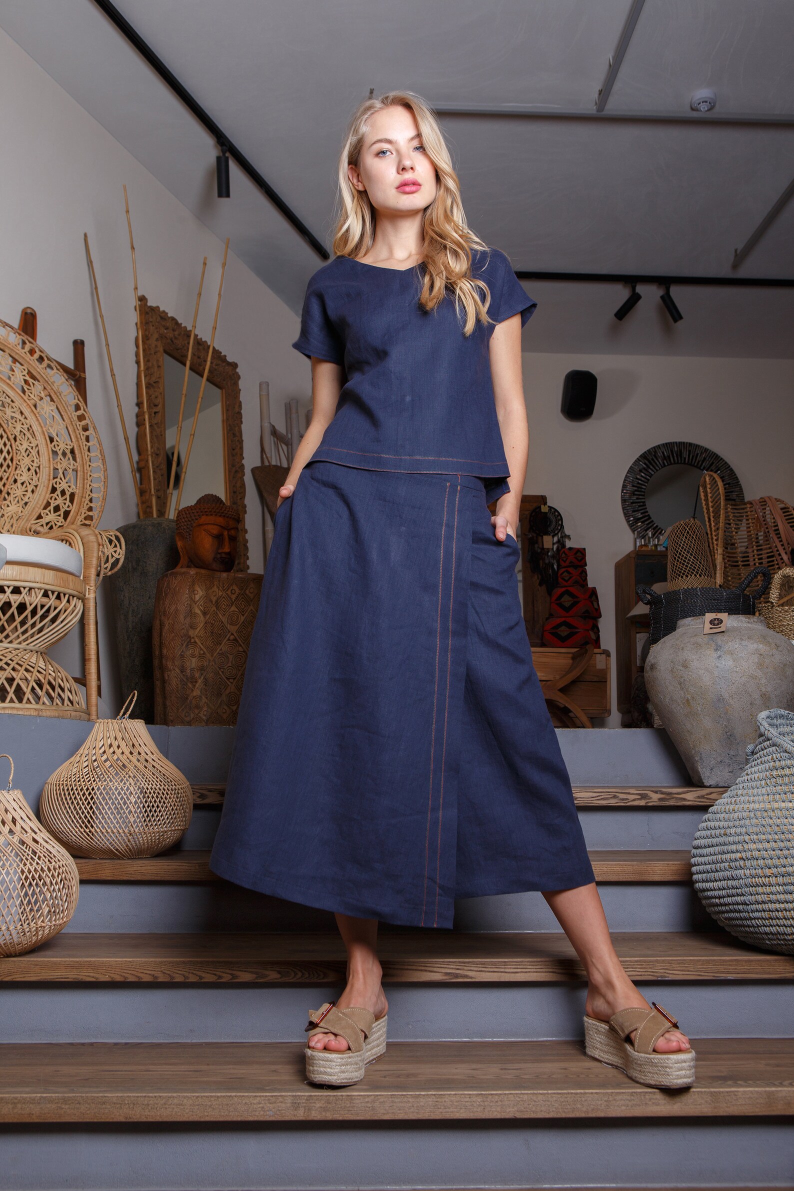 Navy Blue Linen Blouse / Short Sleeve Linen Top With Back Split - Etsy